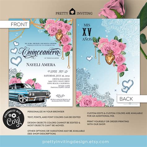 Lowrider Chicana Quinceanera Invitation Pink Rose And Light Blue Old