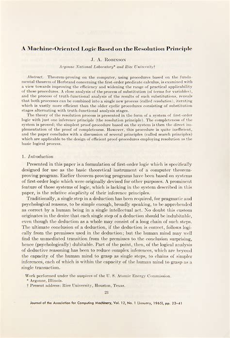 a machine oriented logic based on the resolution principle [in] journal of the association for