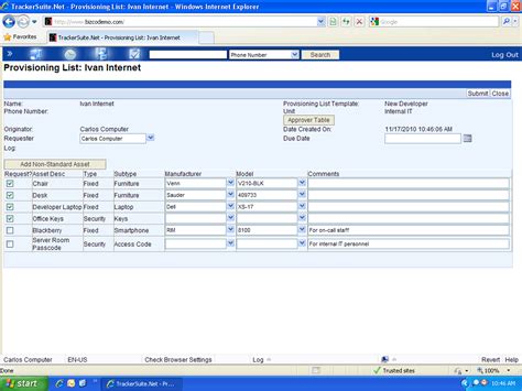 Asset Provisioning List Asset Trackernet