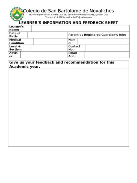 Learners Information And Feedback Sheet Pdf
