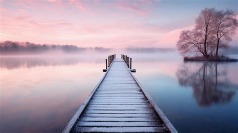 Premium Photo A Peaceful Dock Extending Into The Calm Lake At Sunrise
