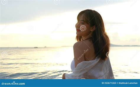 Smiling Young Asian Woman Bikini Portrait At Seaside Beach Tropical