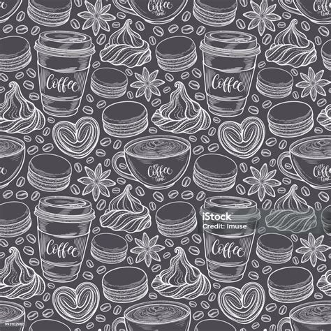 커피 컵 콩 머그컵 마카롱 손 그려진된 완벽 한 패턴입니다 빈티지 레트로 색상에 화려한 배경입니다 장식 낙서 벡터 일러스트 레이 션 0명에 대한 스톡 벡터 아트 및 기타