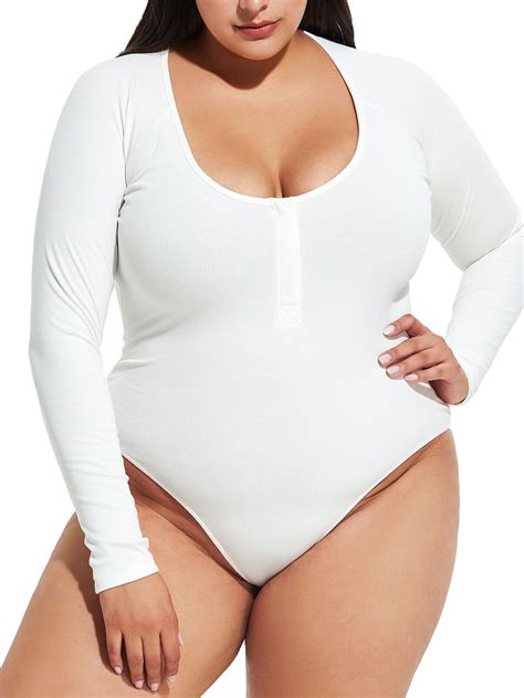 Sveltors Womens Plus Size Bodysuit Henley Shirt Scoop Neck Ribbed Long