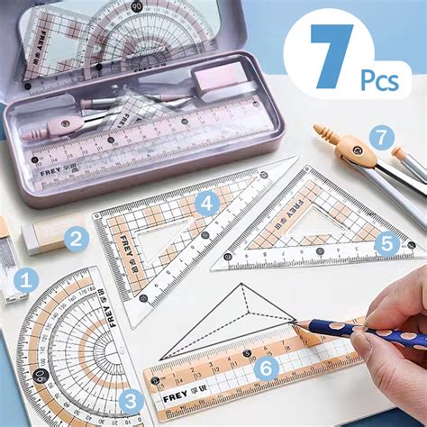 7 Pcsset Geometry Compasses Ruler Protractor Cute Sanrio Drawing Math