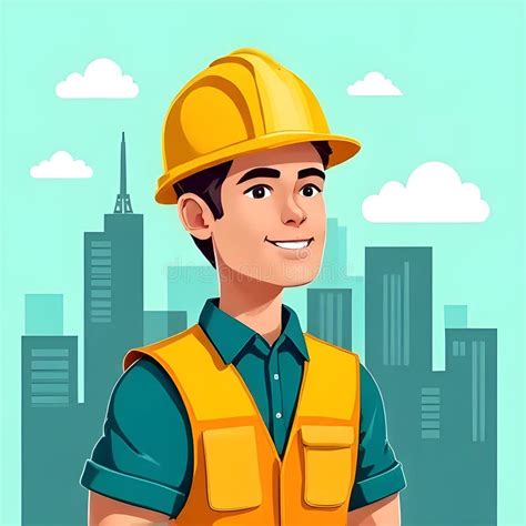 Construction Worker Smiling In Front Of A Cityscape Stock Illustration