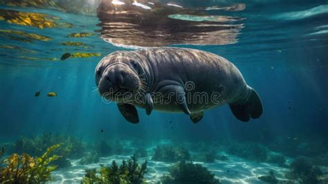 Adorable Manatee Swimming Underwater In Crystal Clear Ocean Water Stock