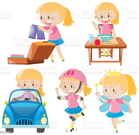 Girl In Pink Doing Different Activities Stock Illustration Download