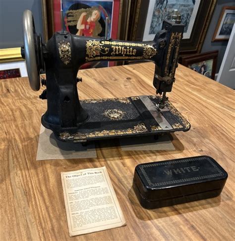 Antique White Sewing Machine Cast Iron W Original Tin Box And Manual C