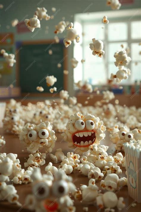 Premium Photo A Group Of Cute Popcorn Characters In A 3drendered Classroom One Causing