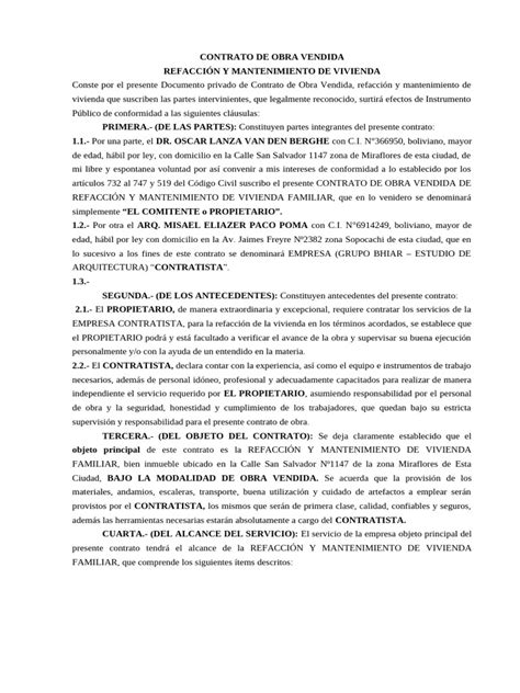Contrato De Obra Vendida Dr Lanza Ok Pdf Arbitraje Techo