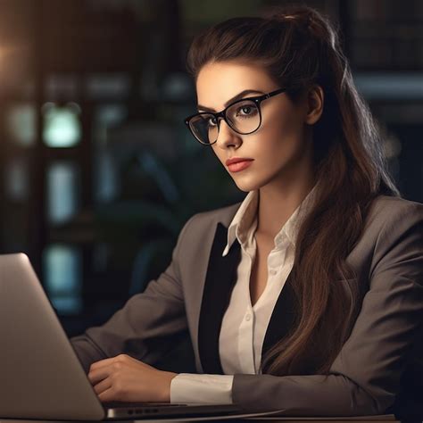 Premium Photo A Woman In Glasses Is Working On A Laptop