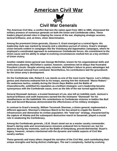 American Civil War Generals Article And Questions” Assignment Teaching Resources