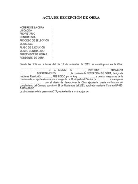 Acta De Recepcion De Obra Pdf Ingeniería De Edificación
