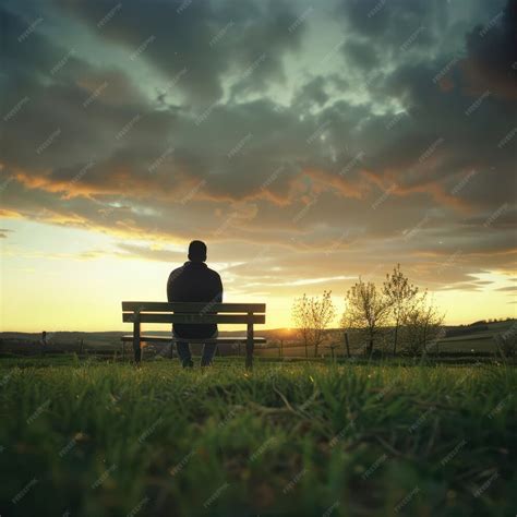 Person Sitting Alone On A Bench Watching A Beautiful Sunset Over A Vast