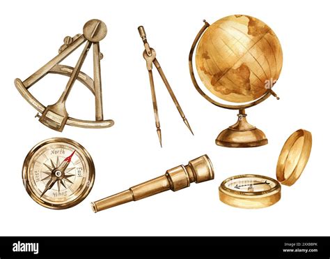 Watercolor Set Of Vintage Nautical Equipment Old Brown Globe Of Earth