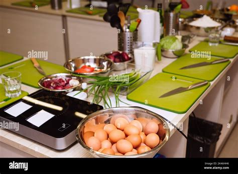 Cooking Tables Working Stations Prepared Before The Cooking Master