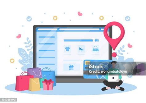 웹사이트 방문 페이지 마케팅 요소 또는 전자 상거래 일러스트레이션 웹 배너 및 디지털 결제를 위한 온라인 쇼핑 플랫 디자인 개념에 대한 스톡 벡터 아트 및 기타 이미지