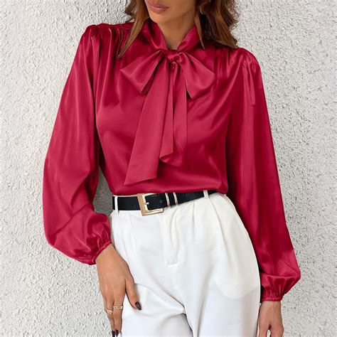 Cozyvia Womens Bow Tie Neck Button Down Shirts Silk Blouses Long