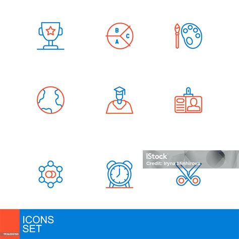 선 가위 알람 시계 분자 식별 배지 지구 지구 졸업생 및 졸업 모자 팔레트 및 파이 차트 인포 그래픽 아이콘이있는 페인트 브러시를 설정합니다 벡터 가위에 대한 스톡 벡터