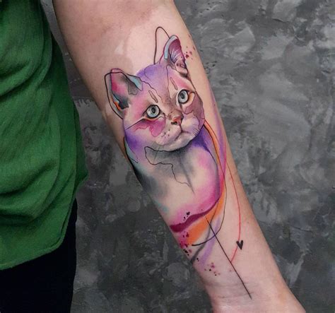 Cat Portrait Arm Tattoo Pink Watercolor