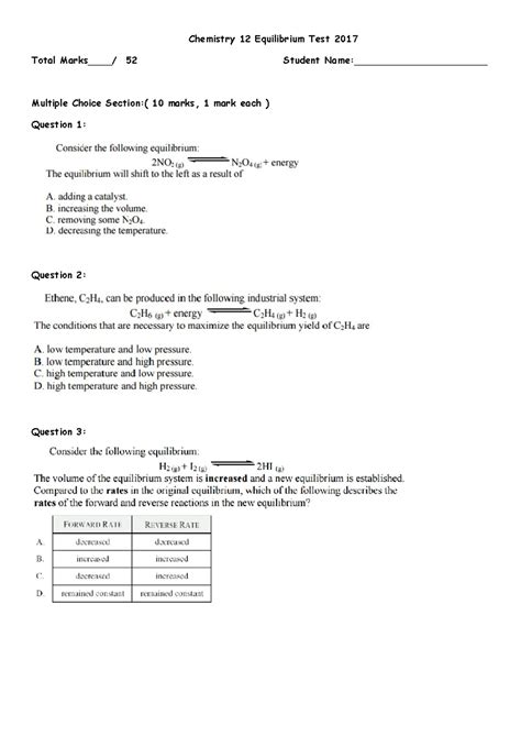 Chemistry 12 Equilibrium Test 2017 Chemistry 12 Equilibrium Test 2017