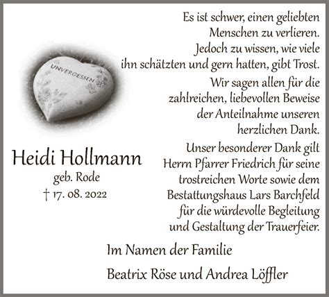 Traueranzeigen Von Heidi Hollmann Trauerhnade