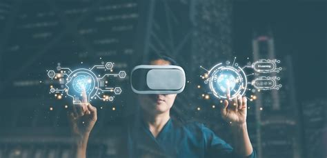 Premium Photo Woman Wearing Vr Glasses And Accessing Cloud Computing Technology Internet