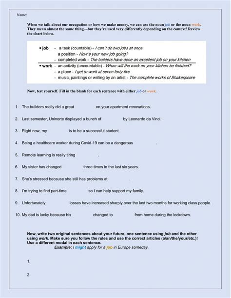 Job Vs Work Ws 5918322 Misselisesix Live Worksheets