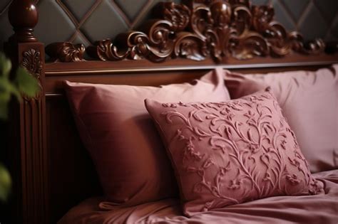 A Detailed Cherry Wood Headboard On A Bed Premium Ai Generated Image