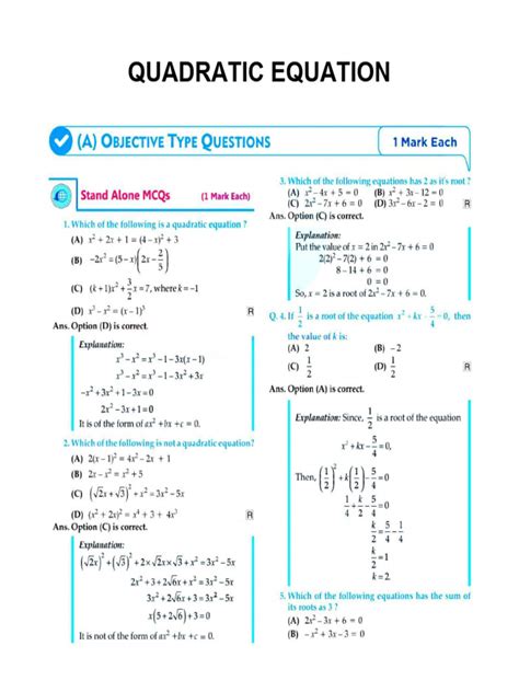 Class 10 Mcqs Maths Chapter Quadratic Equation Pdf Teachers Textbook