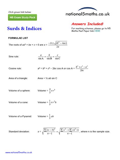 Sqa N5 Maths Practice Questions Surds And Indices Pdf Geometry Geometric Measurement