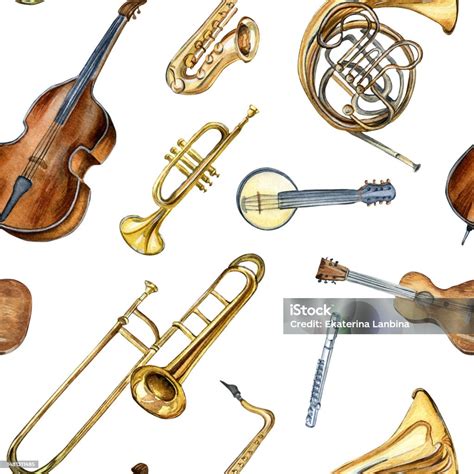 Musical Instruments Seamless Pattern Watercolor Isolated On White Stock