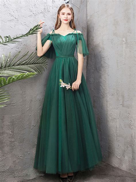 Hunter Green Tulle A Line Long Prom Dress Formal Dress