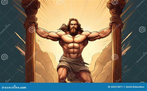 Samson Pushing The Temple Columns Pillars Cartoon Vector