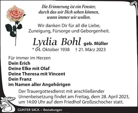 Traueranzeigen Von Lydia Bohl Trauer Anzeigen De