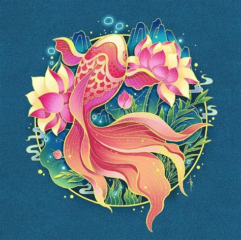 国潮风锦鲤插画～好运哦by：走尺 微 堆糖，美图壁纸兴趣社区