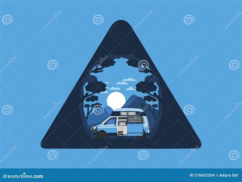 Colorful Illustration Badge Of Campervan In Nature Stock Vector