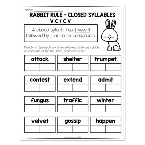 Multisyllable Words Book Rabbit Rule Closed Syllable Dividing Words Lucky Little Learners