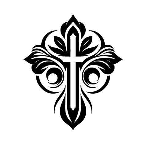 Ornate Black And White Illustration Of A Christian Cross With Floral