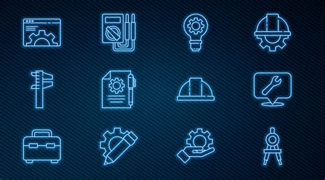 Set Line Drawing Compass Location With Wrench Spanner Light Bulb And Gear Document Settings Pen