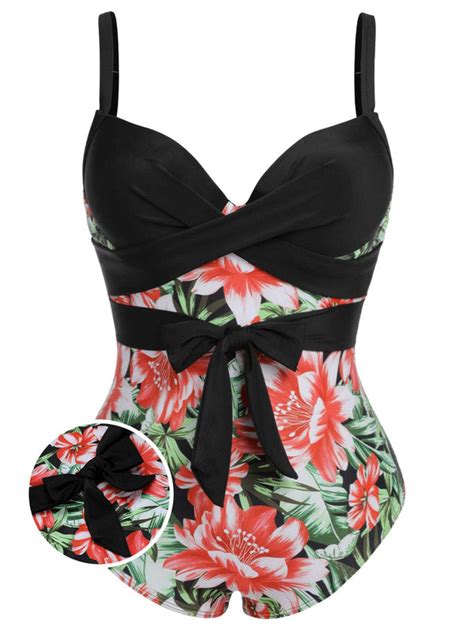 Plus Size 1940s Strap Flowers One Piece Swimsuit Retro Stage