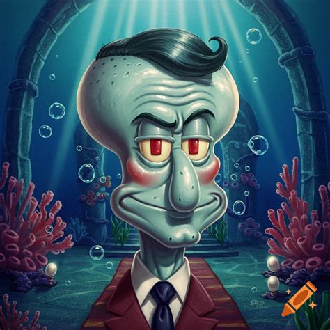 Squidward Tentacles Stands In An Ornate Underwater Hall With