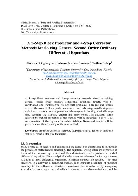 Pdf A 5 Step Block Predictor And 4 Step Corrector Methods For Solving General Second Order