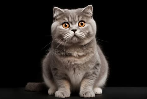 Close Up Of Gray British Shorthair Cat With Bright Orange Eyes On Black