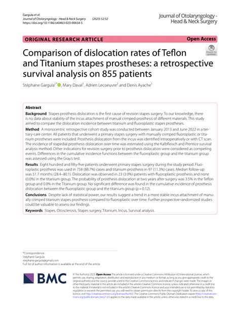 Pdf Comparison Of Dislocation Rates Of Teflon And Titanium Stapes Prostheses A Retrospective
