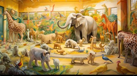 A Painting Of A Zoo With A Variety Of Animals Including A Lion A Lion