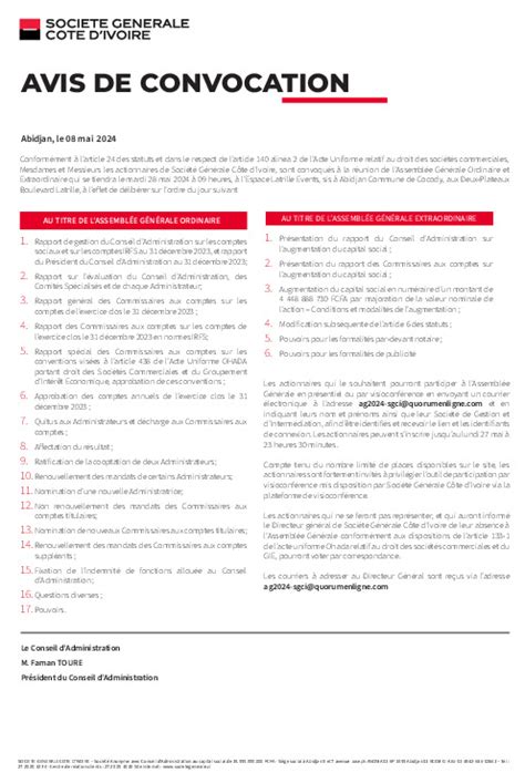 Avis De Convocation Assemblée Générale Ordinaire Societe Generale