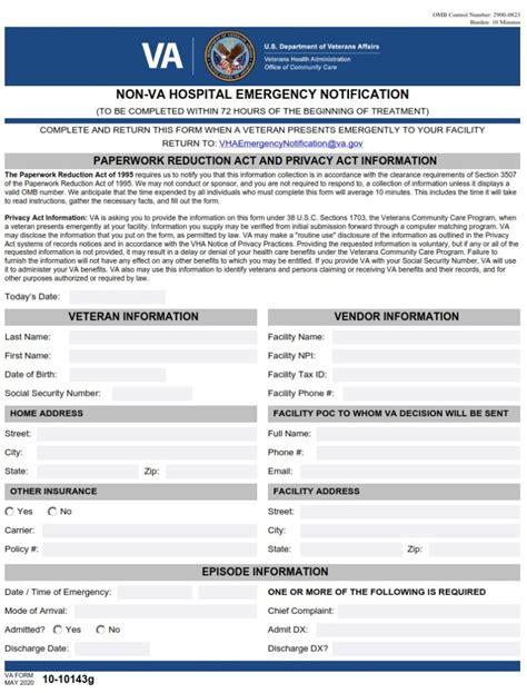 Va Form 10 10143g Non Va Hospital Emergency Notification Va Forms