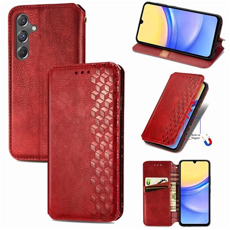 For Samsung Galaxy A15 Cubic Grid Pressed Magnetic Leather Phone Case
